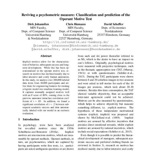 Reviving a psychometric measure: Classification and prediction of the ...