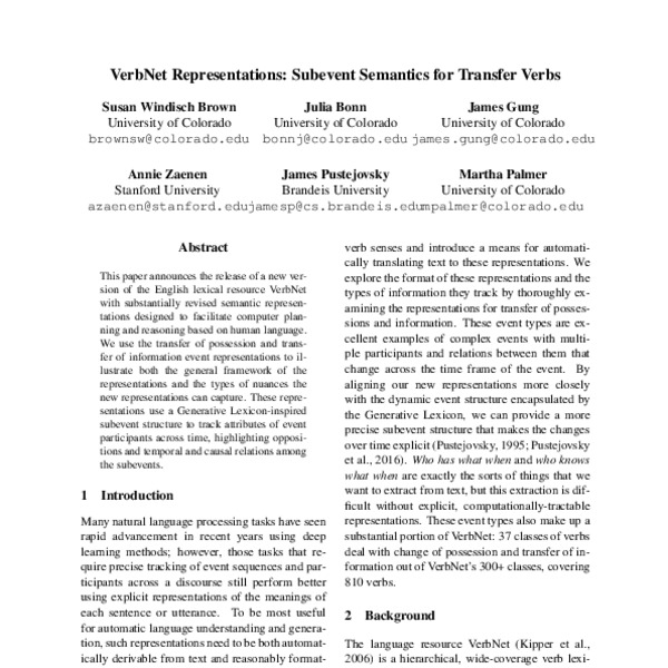 VerbNet Representations: Subevent Semantics for Transfer Verbs - ACL ...