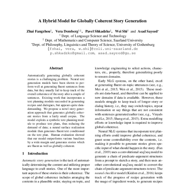 A Hybrid Model for Globally Coherent Story Generation - ACL Anthology