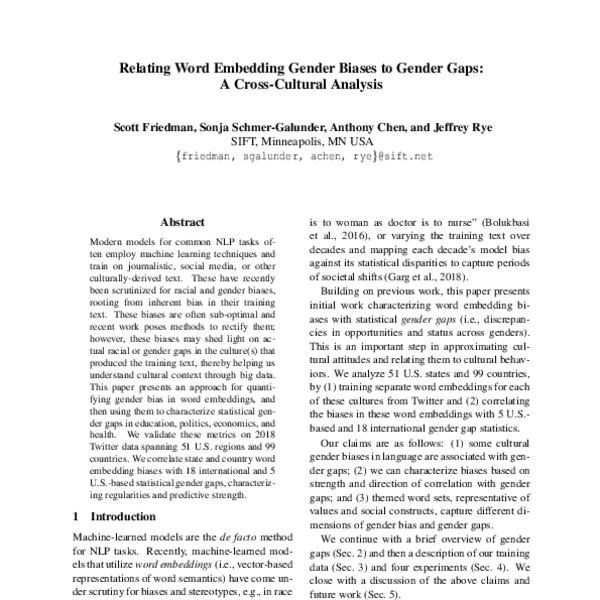 Relating Word Embedding Gender Biases to Gender Gaps: A Cross-Cultural ...