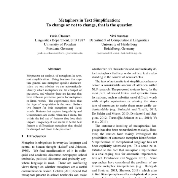 Metaphors in Text Simplification: To change or not to change, that is ...