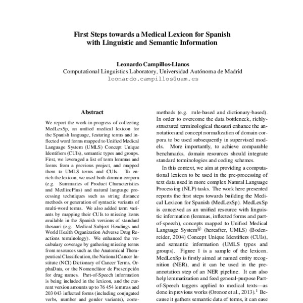 First Steps towards Building a Medical Lexicon for Spanish with ...