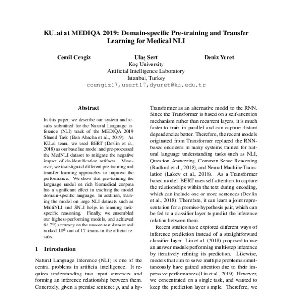 KU_ai at MEDIQA 2019: Domain-specific Pre-training and Transfer ...