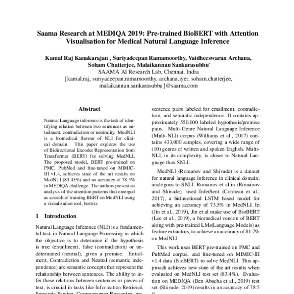 Saama Research at MEDIQA 2019: Pre-trained BioBERT with Attention ...