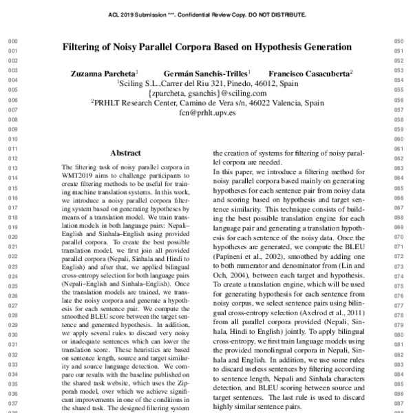 Filtering of Noisy Parallel Corpora Based on Hypothesis Generation - ACL Anthology