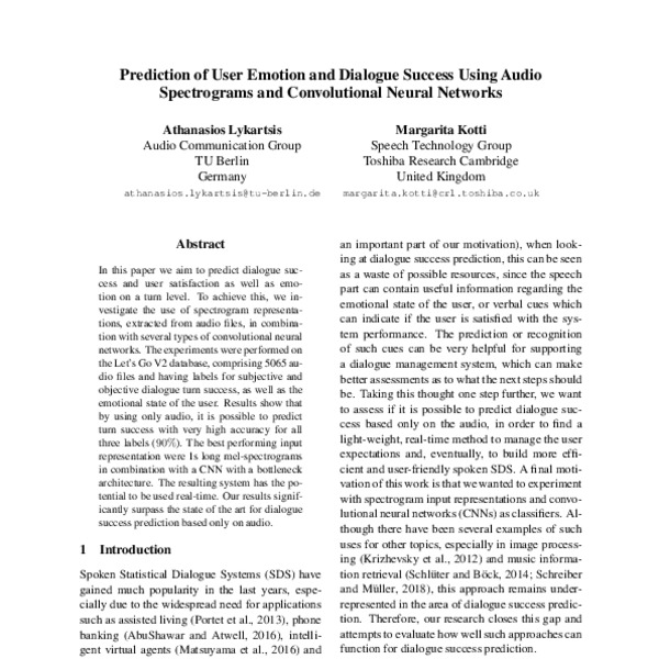 Prediction of User Emotion and Dialogue Success Using Audio Spectrograms and Convolutional ...