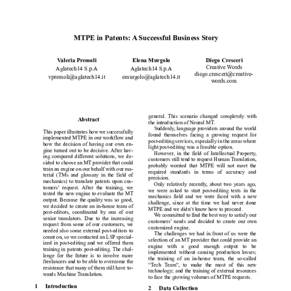 MTPE in Patents: A Successful Business Story - ACL Anthology