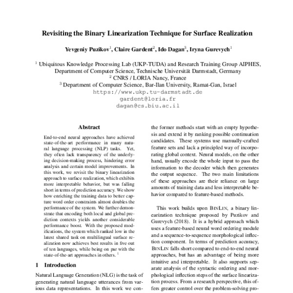 Revisiting the Binary Linearization Technique for Surface Realization - ACL Anthology