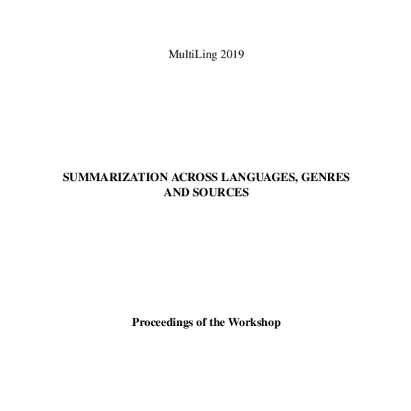 Proceedings of the Workshop MultiLing 2019: Summarization Across Languages, Genres and Sources ...