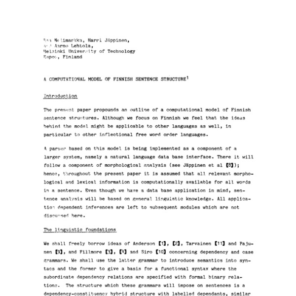 A Computational Model of Finnish Sentence Structure - ACL Anthology
