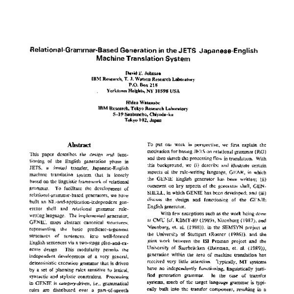 Relational-Grammar-Based Generation in the JETS Japanese-English ...