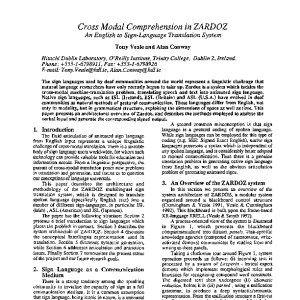 Sign-Language Generation in ZARDOZ: An English to Sign-Language ...