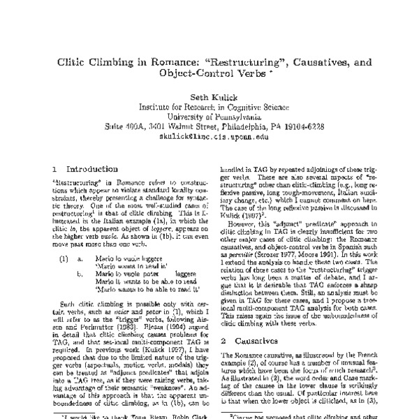 Clitic climbing in Romance: “Restructuring”, causatives, and object ...