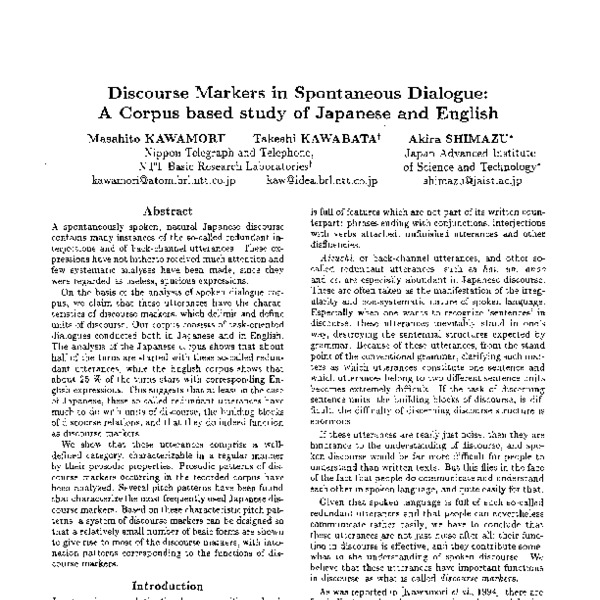 Discourse Markers in Spontaneous Dialogue: A Corpus based study of ...
