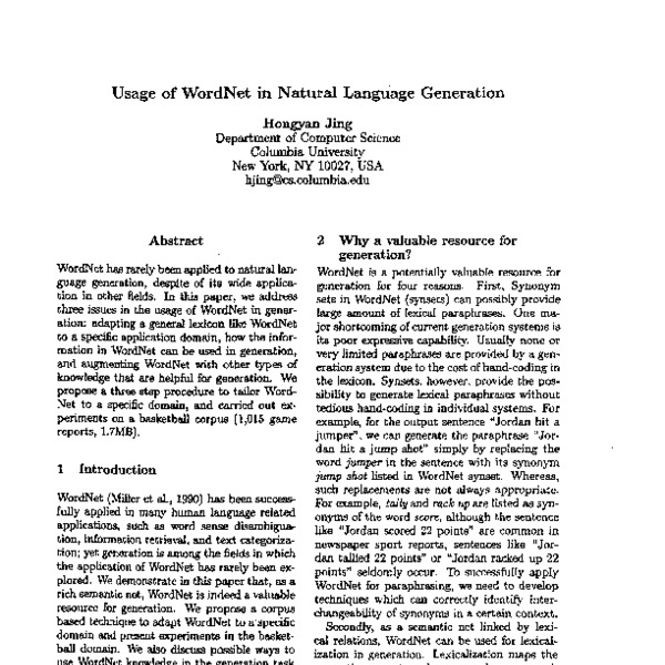 Usage of WordNet in Natural Language Generation - ACL Anthology