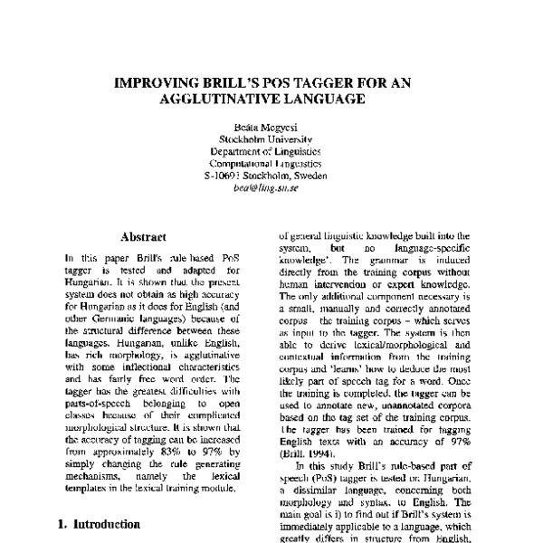 Improving Brill’s POS Tagger for an Agglutinative Language - ACL Anthology
