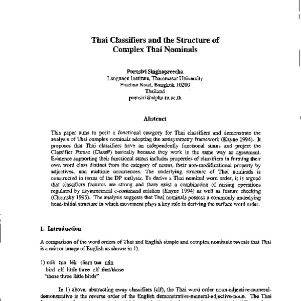 Thai Classifiers and the Structure of Complex Thai Nominals - ACL Anthology