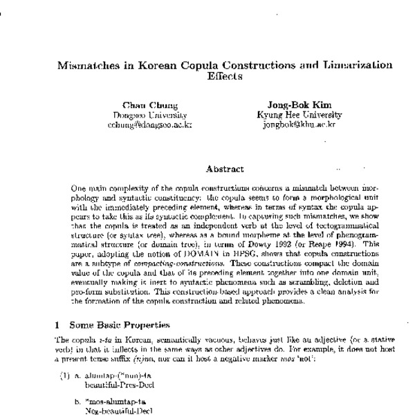 Mismatches in Korean Copula Constructions and Linearization Effects ...