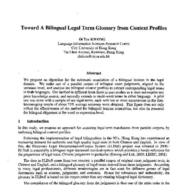Toward a Bilingual Legal Term Glossary from Context Profiles - ACL ...