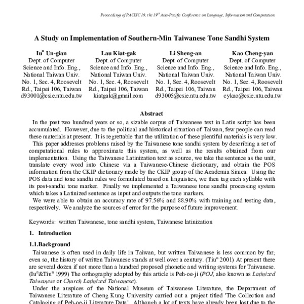 A Study on Implementation of Southern-Min Taiwanese Tone Sandhi System ...
