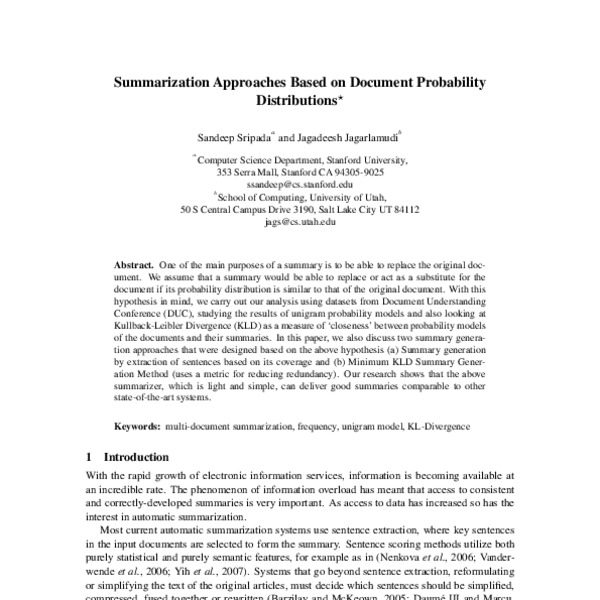 Summarization Approaches Based on Document Probability Distributions - ACL Anthology
