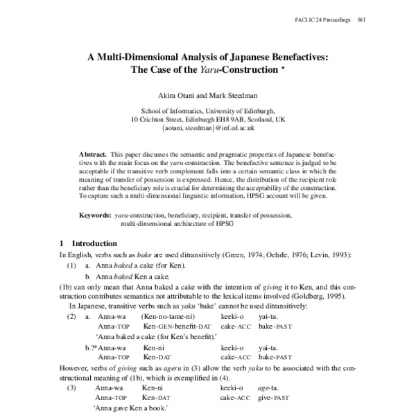 A Multi-Dimensional Analysis of Japanese Benefactives: The Case of the ...