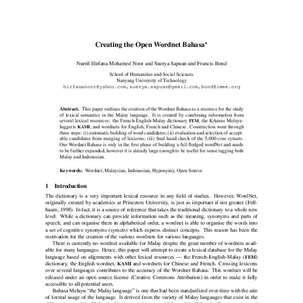 Creating the Open Wordnet Bahasa - ACL Anthology