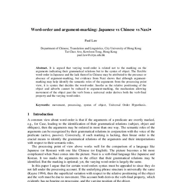 Word-order and argument-marking: Japanese vs Chinese vs Naxi - ACL ...