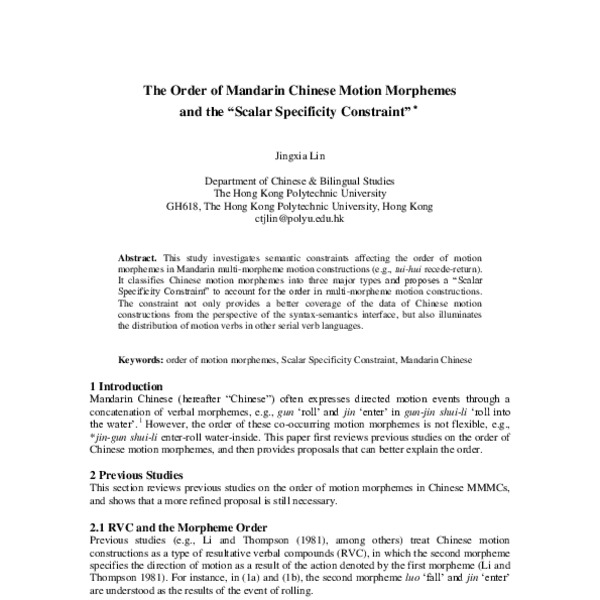 The Order of Mandarin Chinese Motion Morphemes and the “Scalar ...