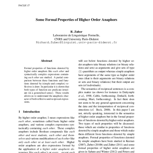 Some Formal Properties of Higher Order Anaphors - ACL Anthology