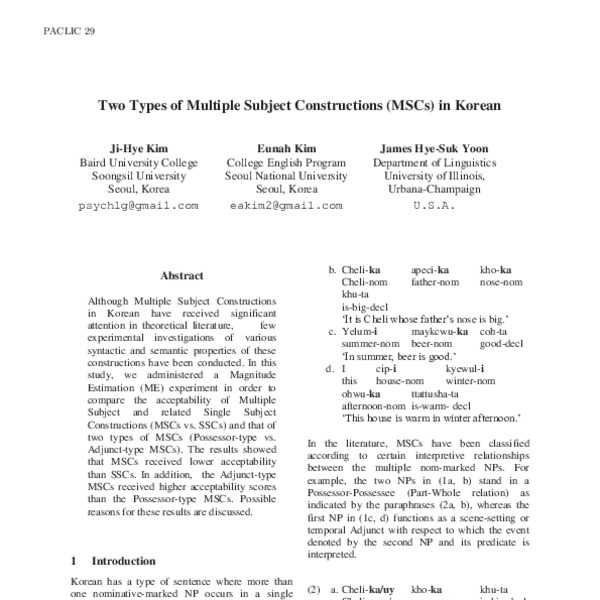 Two Types of Multiple Subject Constructions (MSCs) in Korean - ACL ...