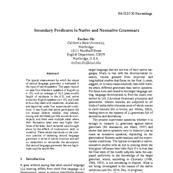 Secondary Predicates in Native and Nonnative Grammars - ACL Anthology