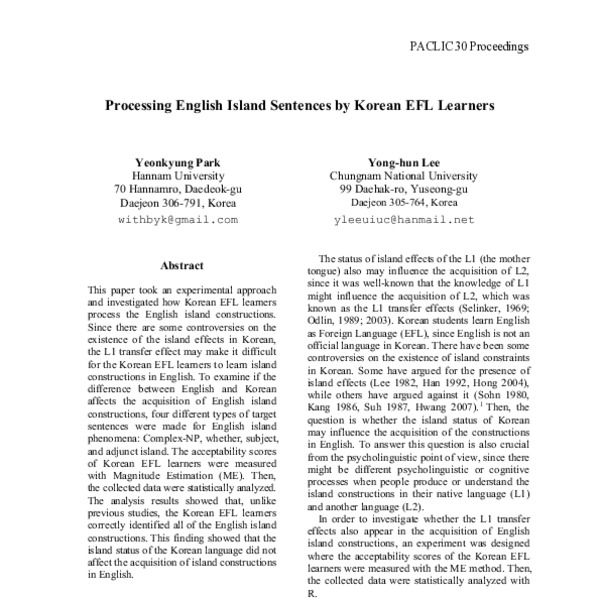 Processing English Island Sentences by Korean EFL Learners - ACL Anthology