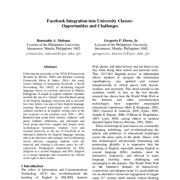 Facebook Integration into University Classes: Opportunities and ...