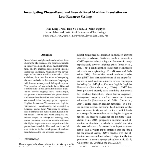 Investigating Phrase-Based and Neural-Based Machine Translation on Low ...