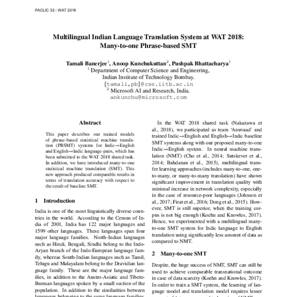 Multilingual Indian Language Translation System at WAT 2018: Many-to-one Phrase-based SMT - ACL ...