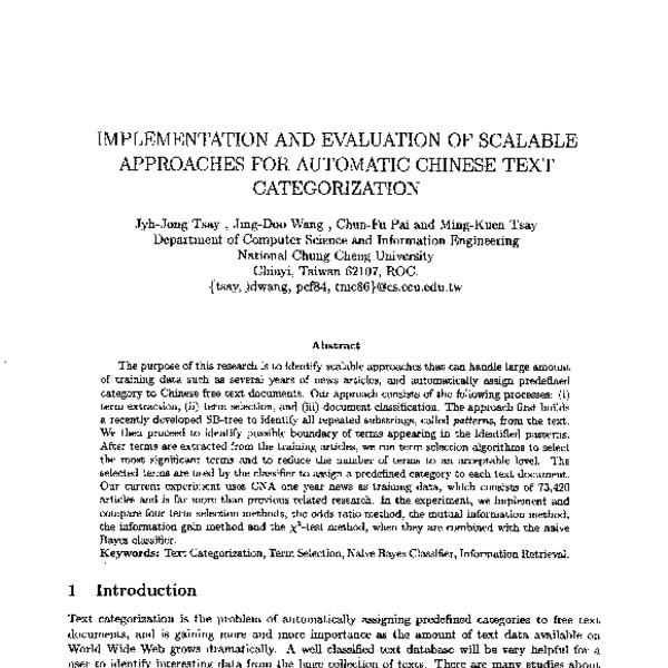 Implementation and Evaluation of Scalable Approaches for Automatic Chinese Text Categorization ...